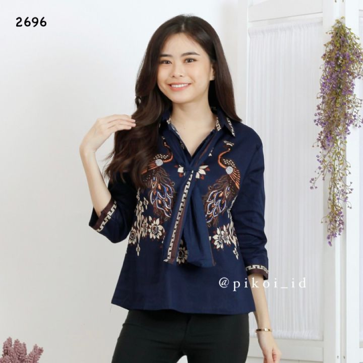 Atasan batik wanita modern / baju batik syal leher kerah dasi batik ...