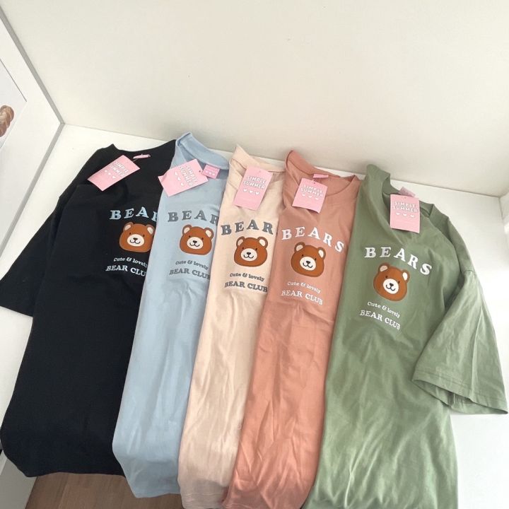 เสื้อยืด oversize S271 ผ้าคอตตอน สไตล์ minimal ปัก bearclub | Lazada.co.th