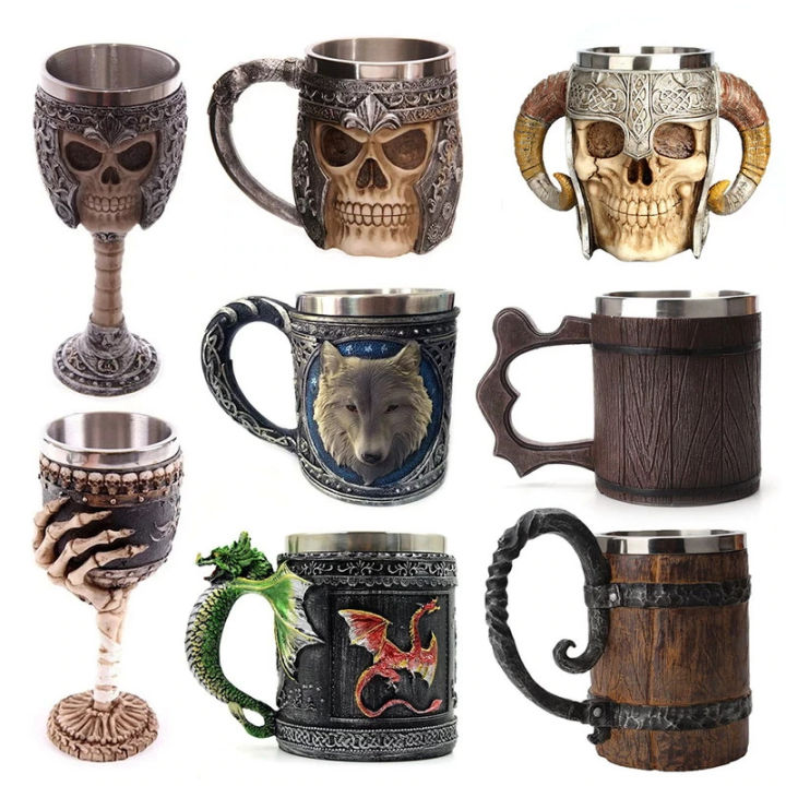 【Fan's Tone】Retro Horn Skull Resin Beer Mug Stainless Steel Skull ...