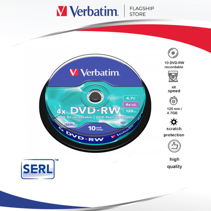 Verbatim DVD-RW/4x/4.7GB/120min | 10 pcs Spindle | DVD Rewritable Media | Use for DVD Writer ...