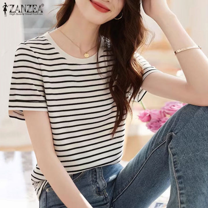 Fancystyle Zanzea Korean Style Women Short Sleeve Round Neck Blouses