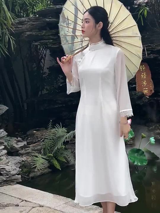 LI Qing Shuzhai แขนเจ็ดส่วนคอตั้งชุดเดรสนางฟ้าสำหรับผู้หญิงกี่เพ้าแบบ ...