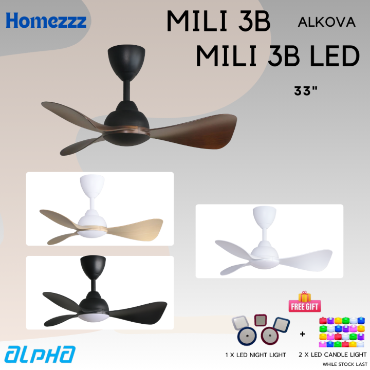 ALPHA Alkova - Mili 3B / Mili 3B Led 33 Inch DC Motor Ceiling Fan with 3 Blades (12 Speed Remote ...