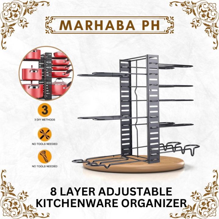 QUALITY 8 Layer Adjustable Pan Organizer Pot Rack Lid Holder Cookware ...
