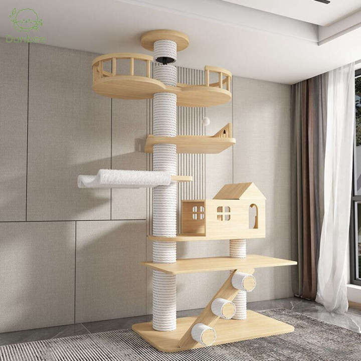 Cat Condo With Pillars Tube Cat Tree Solid Wood Multi-Layer Space ...