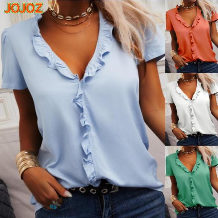 JOJOZ เสื้อแฟชั่นผู้หญิงแขนสั้นคอวี,เสื้อยืดมีระบายหรูหราเสื้อสวมหัว ...