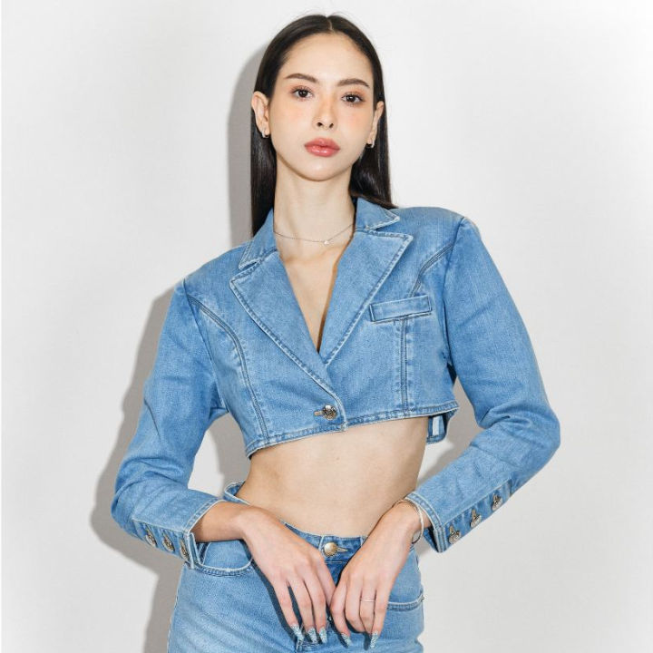 MOTTOM - Fur แจ๊คเก็ตยีนส์ทรงครอปแต่งกระดุม 3 เม็ดตรงปลายแขน | Lazada.co.th