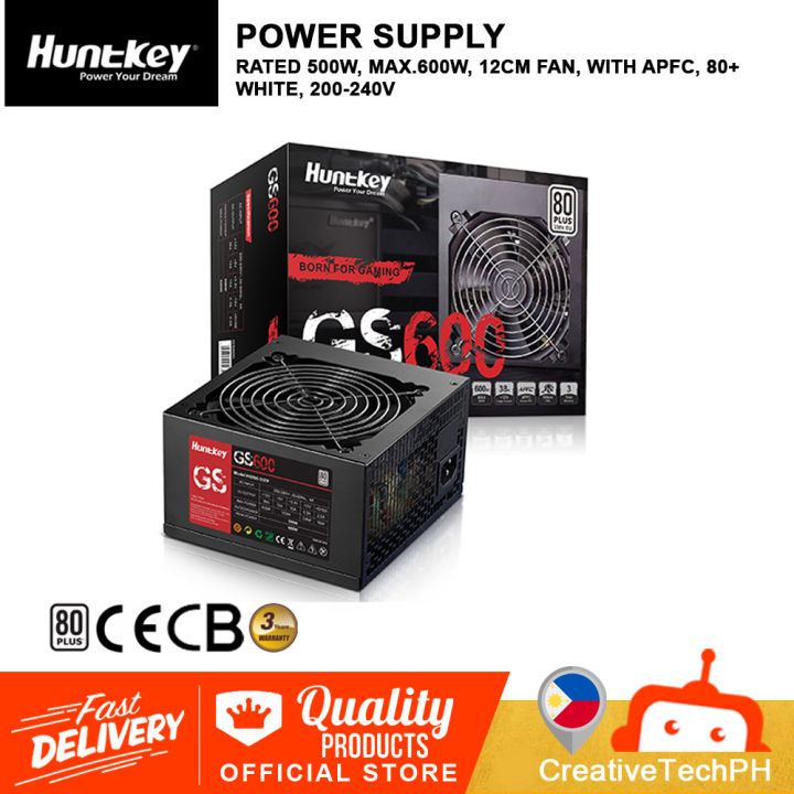 Huntkey GS600 Power Supply Rated 500W, Max.600W, 12cm fan, with APFC, 80+ White, 200-240V ...