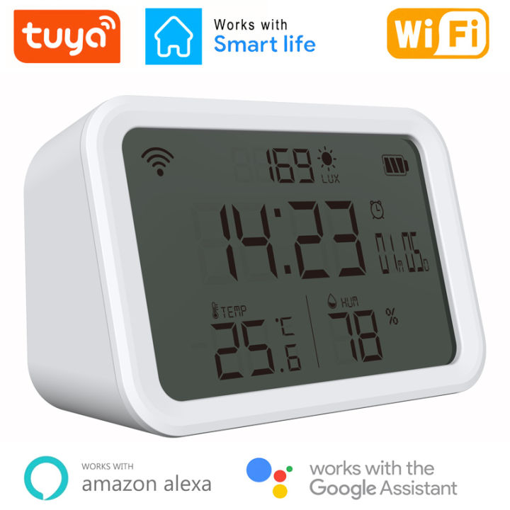 Tuya WIFI Temperature Humidity Sensor Lux Light Detector Time Alarm Clock LCD Screen Smart Home ...