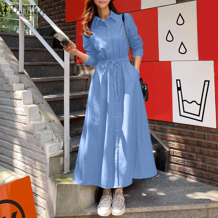 ZANZEA Korean Style Women Girlish Streetwear Lapel A-Line Long Dresses ...