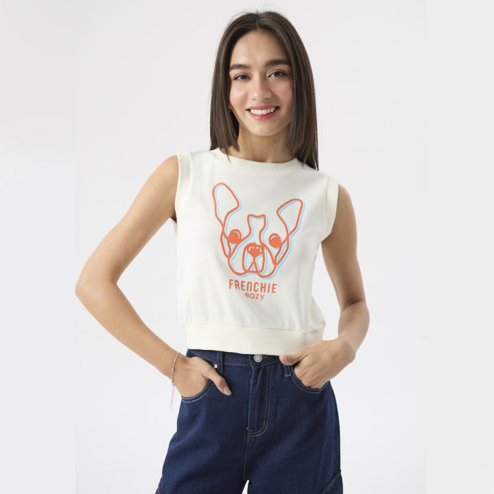 ESP เสื้อสเวตเชิ้ตแขนกุด เฟรนช์ชี่ ผู้หญิง สีงาช้าง | Frenchie ...