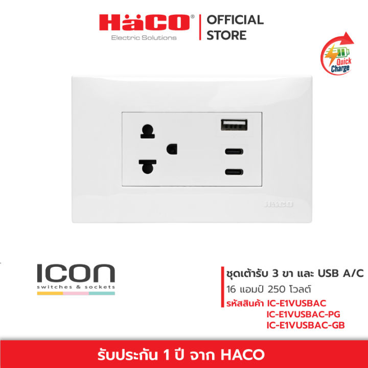HACO ชุดเต้ารับ 3 ขา พร้อมเต้ารับ USB AC 16 แอมป์ 250 โวลต์ รุ่น IC-E1VUSBAC+IC-F003 | Lazada.co.th