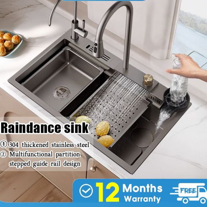 kitchen sink SUS304 stainless steel sink with waterfall pull-out faucet ...