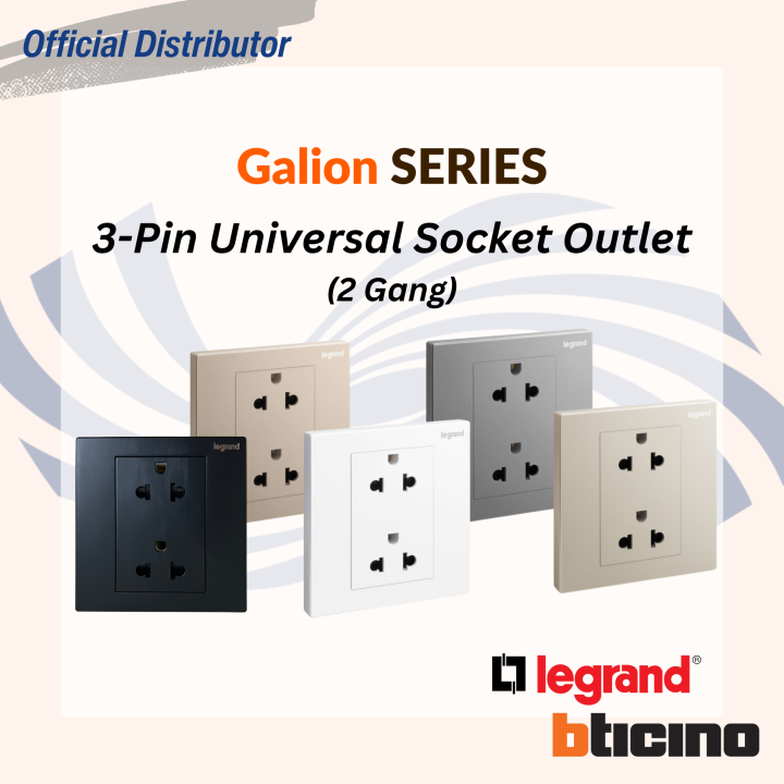 Bticino Galion 16A 250VA Euro-US 2 Gang 3-Pin Universal Socket Outlet ...