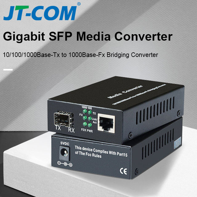 JT-COM 1 Pair Gigabit Fiber Optical Media Converter Transceiver with SFP Module 3KM/5KM/20KM ...
