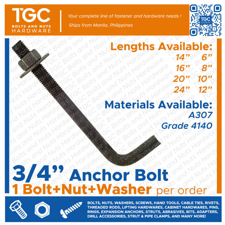 1SET 3/4 inches Anchor Bolt L-Type A307 4140 BI with nut and washe ...