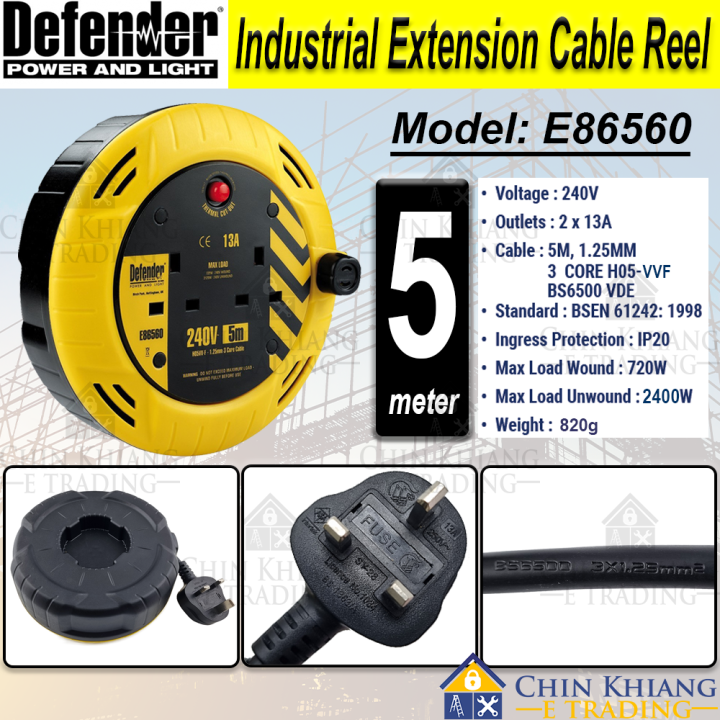 Defender 5M 2-Way Industrial Extension Wire Cable Reel 240V 13A E86560 ...
