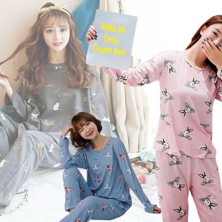 🐬Fish🐬Lightweight Long Sleeve Suit Sleepwear Kain Nipis Baju Tidur Baju ...