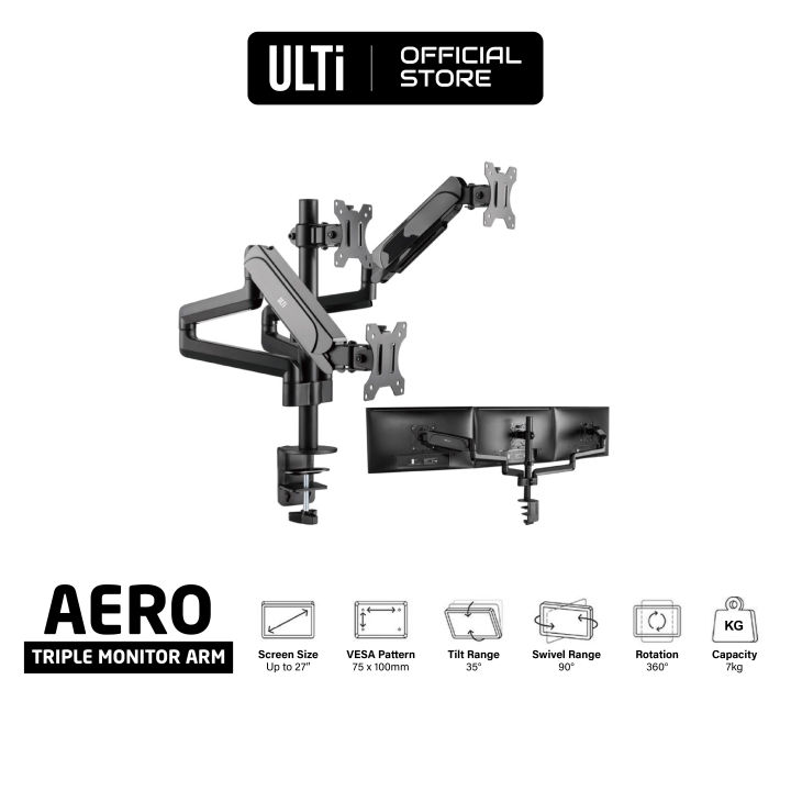 ULTi Aero Triple Monitor Mount, 3-in-1 Adjustable Gas Spring Pole Arm ...
