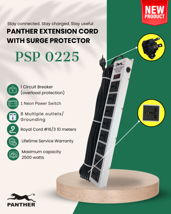 Panther PSP 0225 Extension Cord w/ Voltage Surge Protector 1 neon ...