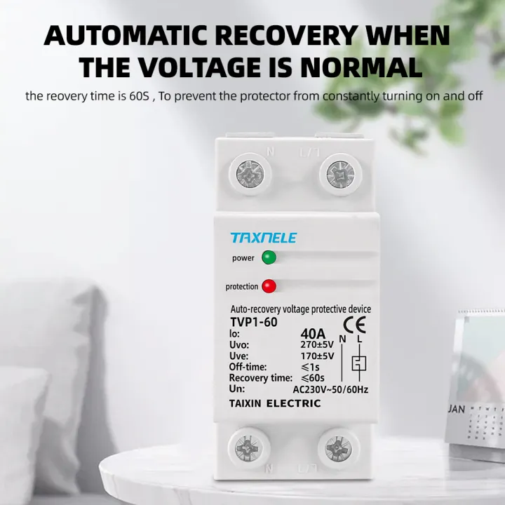 TAXNELE 40A 60A 230V Din Rail Automatic Recovery Reconnect Over Voltage ...
