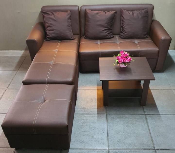 sala set L shape brown leather with center table uratex foam / cash on ...