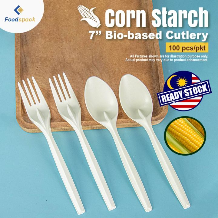 (100pcs/pkt) READY STOCK 🌽7'' Corn Starch Cutleries / Fork / Spoon ...