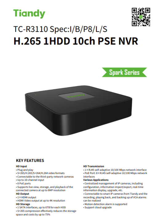 [ประกัน 3ปี] Taindy TC-R3110 I/B/P8/L/S H.265 1HDD 10ch PSE NVR เครื่อง ...