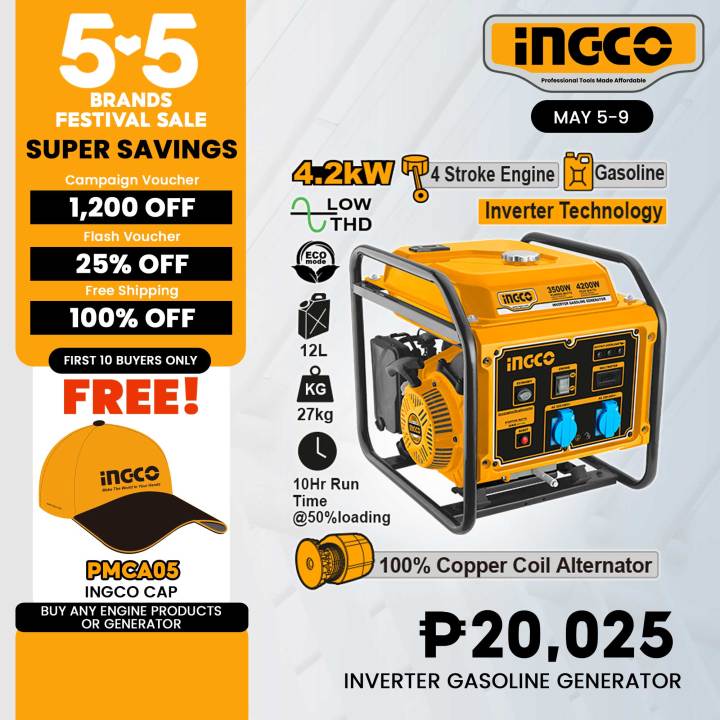 Ingco Inverter Gasoline Generator Backup Power Supply 4-Stroke 12L ...