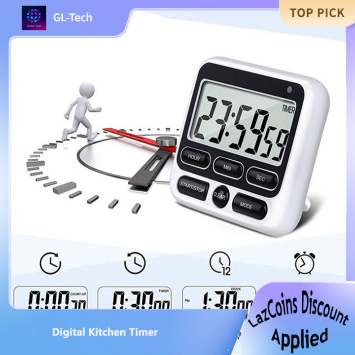 GL-Tech Digital Kitchen Timer with Mute/Loud Alarm Switch ON/OFF Switch, 12 Hour Clock & Alarm ...