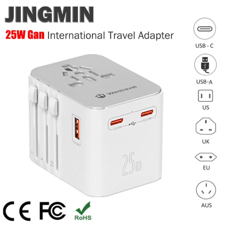Universal Travel Adapter with 4 AC Outlets Max 2500W 1 USB Port 2 Type ...
