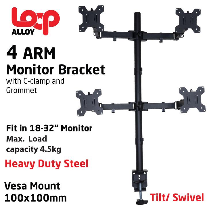 Loop Alloy Quad Arm Monitor Mount Bracket with C-clamp and Grommet ...