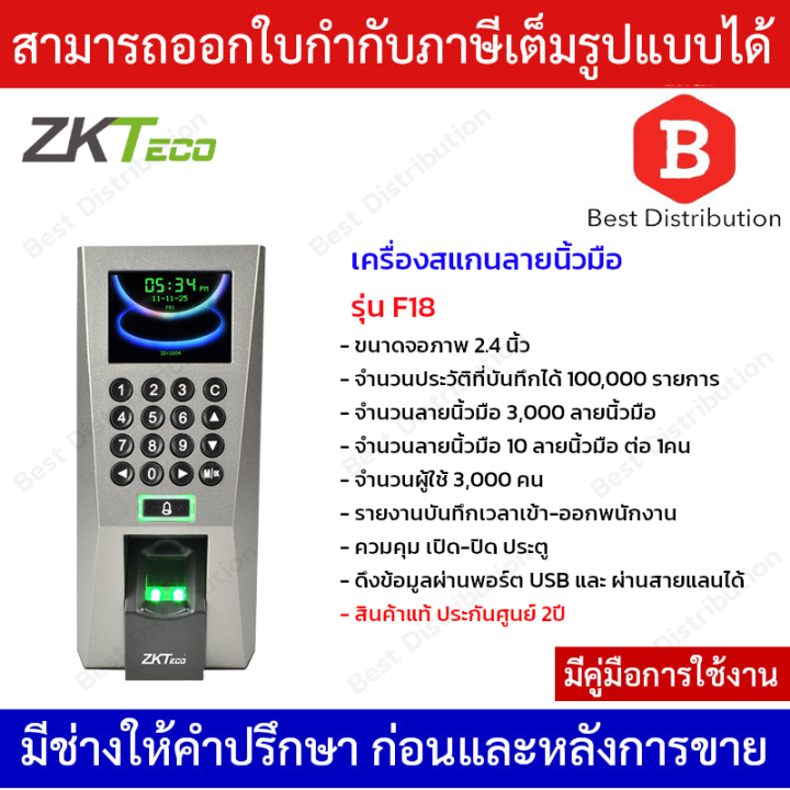 ZKTeco เครื่องสแกนลายนิ้วมือบันทึกเวลาและควบคุมประตู รุ่น F18 | Lazada.co.th