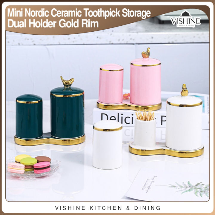 VISHINE Mini Light Luxury Ceramic Toothpick Cotton Swab Stick Box with ...