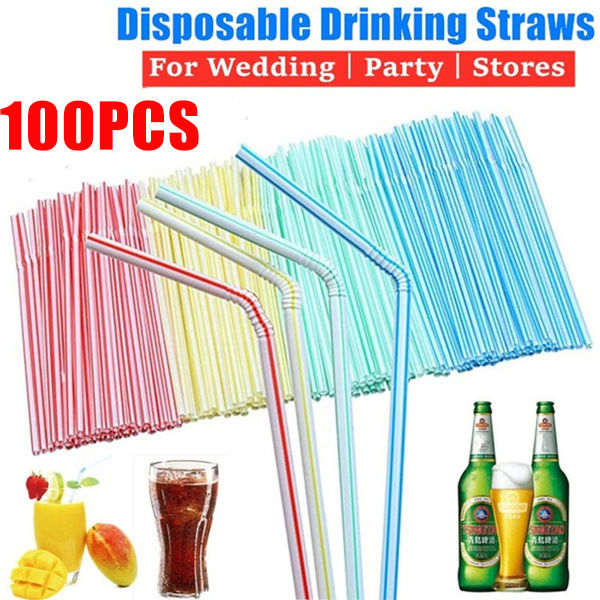 100pcs Disposable Plastic Drinking Straws Multi-Color Striped Elbow ...
