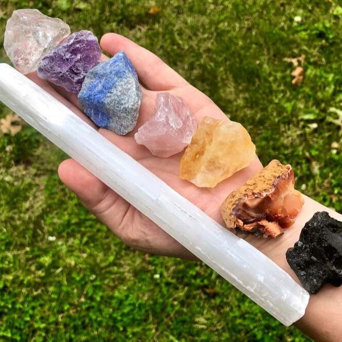 Raw Crystal 7 Chakra Set with Selenite Wand - Chakra Set - Chakra ...