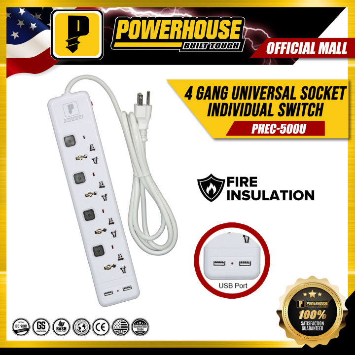 POWERHOUSE Electric Extension Cord with Individual Switch, USB and ...