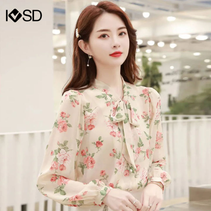 IVSD Floral Chiffon Tops Office Bow Elegant Plus Size Blouses for ...