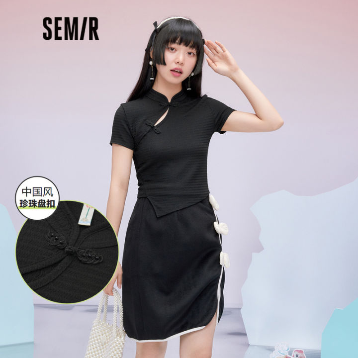 SEMIR เสื้อยืดแขนสั้นของผู้หญิง,เสื้อทีเชิ้ตเข้ารูปใหม่ฤดูร้อนปี2022กระดุมแผ่นคอตั้งแขนสั้น ...