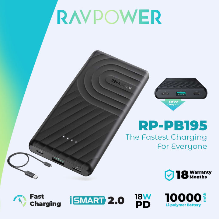 RAVPower Powerbank 10000 mAh 2-Port PD+QC Black [RP-PB195] | Lazada ...