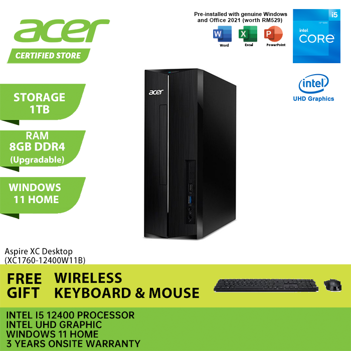ACER Desktop Aspire XC1760 12400W11B ( Intel I5-12400 | 8GB RAM| 1TB ...