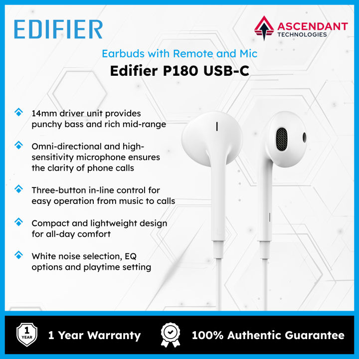Edifier P180 USB-C In-ear Headphones | Remote and Mic | Pure bass and Clear Treble | Easy ...