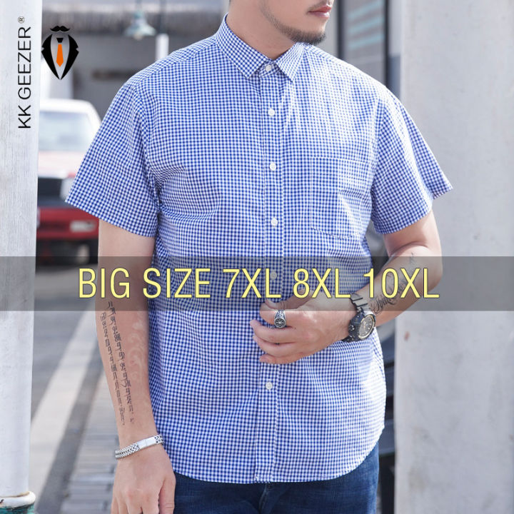 Men Shirt Plaid Dress Cotton Short Sleeve Summer Red Plus Size 6XL 7XL 8XL 10XL Oversize Formal ...