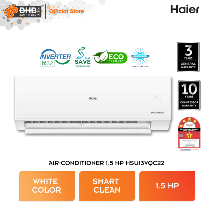 Haier R32 Smart Inverter Series HSU-13VQC22 Air Conditioner 1.5 HP UVC Sterilization 4 Star ...