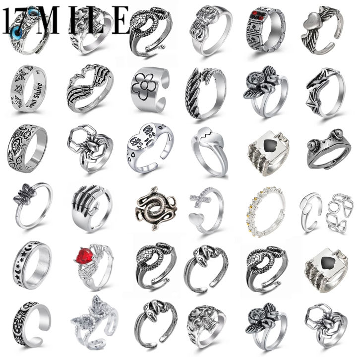 17MILE Vintage Gothic Skull Flower Angel Devil Rings For Women Silver Color Butterfly Heart ...