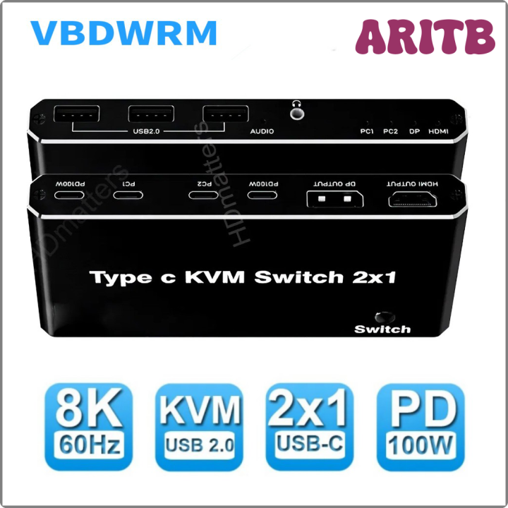 ARITB 2x1 8K Thunderbolt 3 USB C KVM Switch 100W PD Charger 8K 60Hz ...