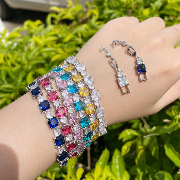 SEQUITO 2024สร้อยข้อมือเทนนิสสีเงินแบบใหม่ฝังสี่เหลี่ยมสีเหลืองสีแดงสี ...