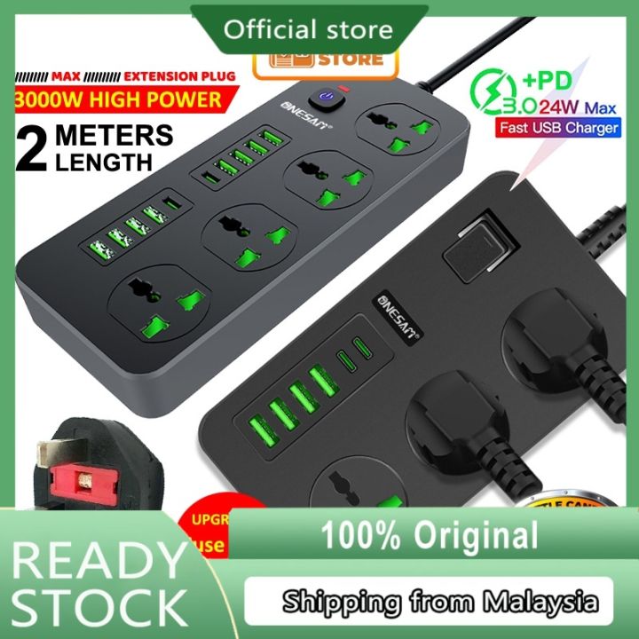 2m Power Socket Extension Plug Quick Charge Pd Charger 3000w Power