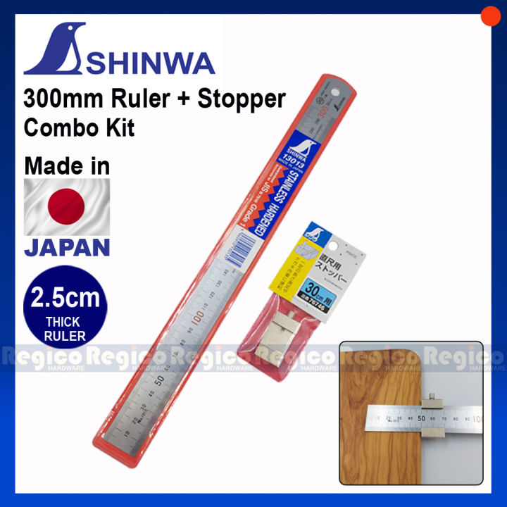 Shinwa 30 cm (12 inch) Stainless Steel Straight Ruler Brass Stopper Made In Japan Regico ...