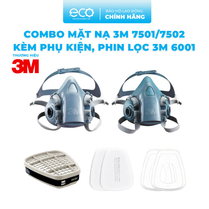 Mặt nạ phòng độc 3M 7501, 7502 kết hợp phin lọc 3M 6001, tấm lọc bụi 5N11 cùng nắp giữ 501 chính ...